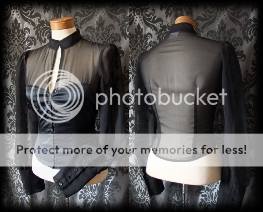 Gothic Black Satin Sheer Hook Up VICTORIAN GOVERNESS Corset Blouse 12 ...